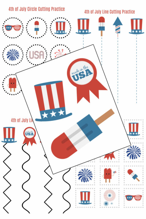 4th of July Preschool Scissor Cutting Practice Worksheets