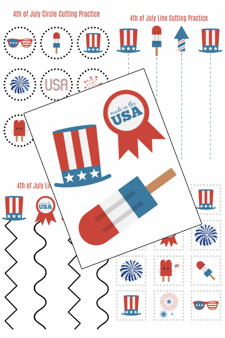 4th of July Preschool Scissor Cutting Practice Worksheets